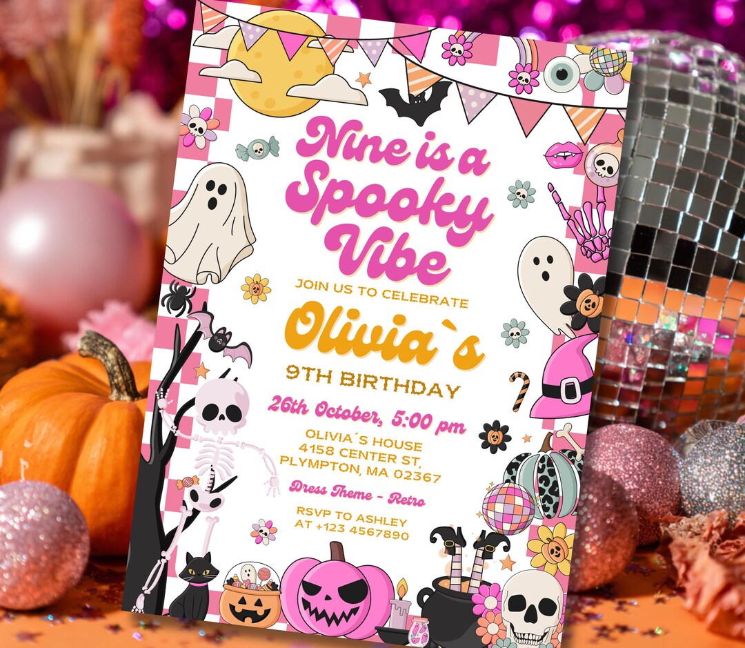 Editable Nine Spooky Vibe Pink Halloween Girl 9th Birthday Invitation ...