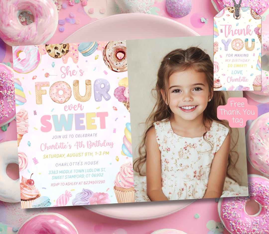 Four Ever Sweet 4th Girl Birthday Photo Invitation, Candy Land Invite ...