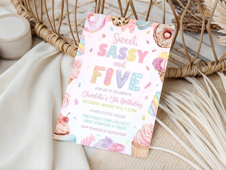 Sweet Sassy Five 5th Girl Birthday Invitation, Candy Land Invite, Donut ...