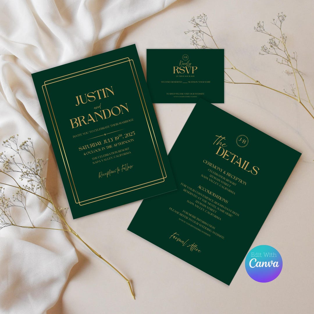 Green Modern LGBT Wedding Invitation Bundle Template | Wedding Details ...