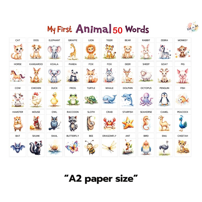 Animal Flash Cards for Kids | My First 50 Animal Words | Printable Educational Game for Toddlers ...