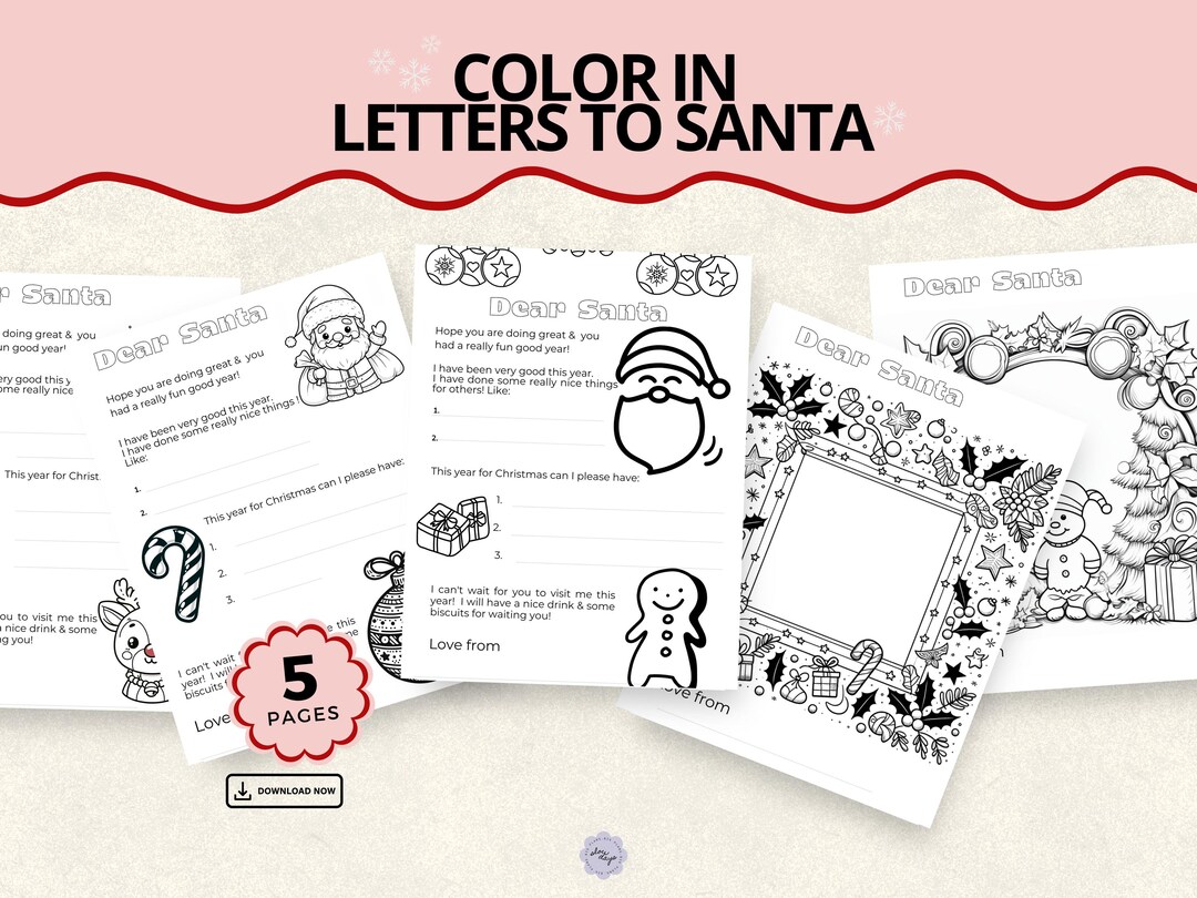 Santa Letter Coloring Page Set, Printable Christmas Wish List for Kids ...