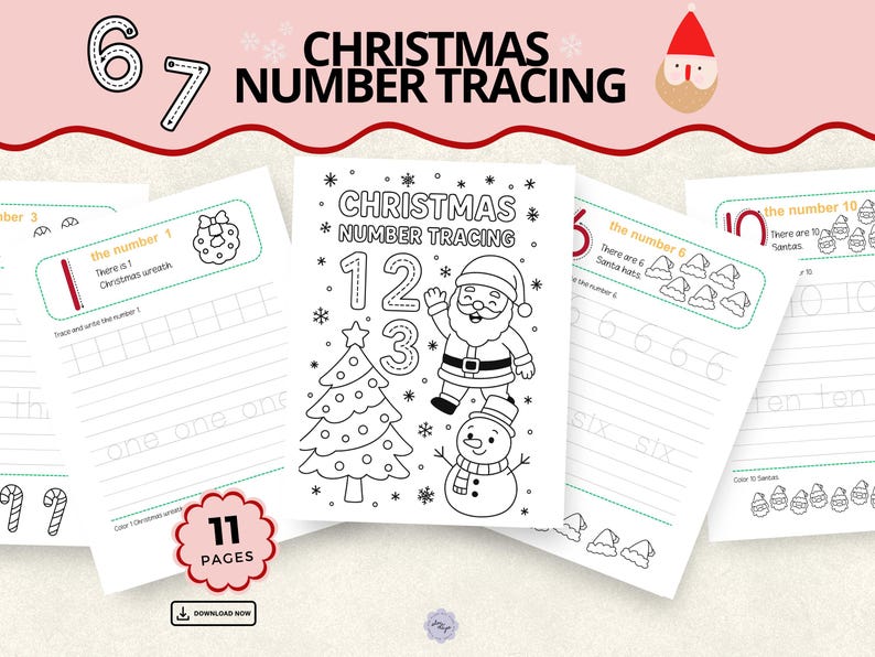 Christmas Number Tracing Pages Printable, Holiday Kids Worksheets ...