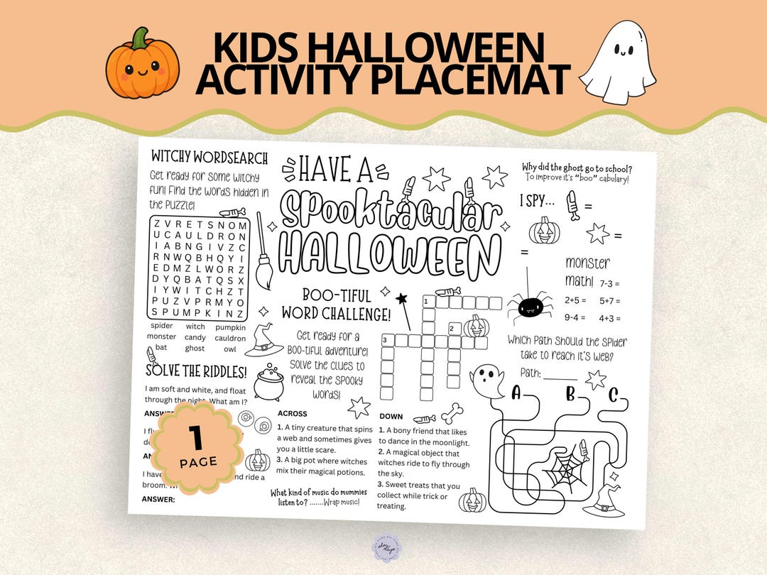 Kids Halloween Activity Mat Printable, Party Placemat With Coloring ...