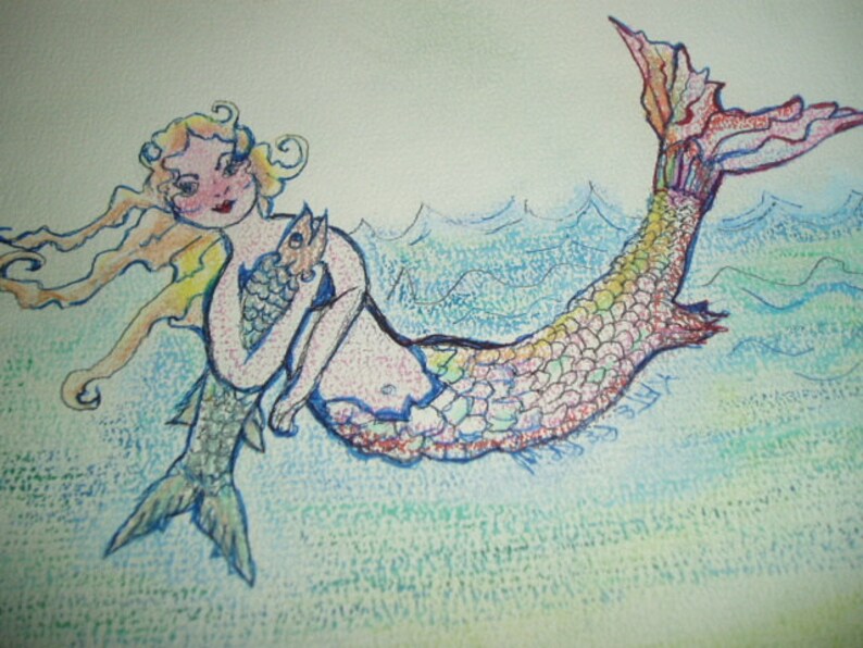 Mermaid Gone Fishing Kate Perrin Unique Art Mixed Media - Etsy