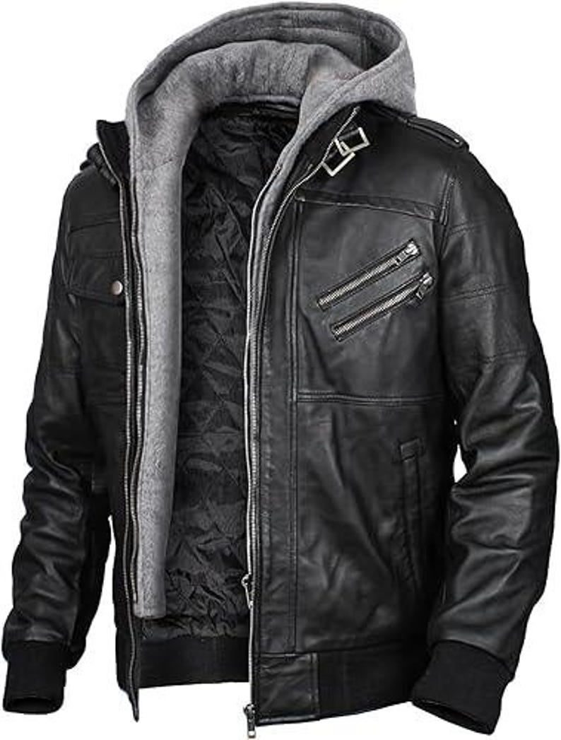 Men's Custom Leather Jacket With Removable Hood Men Hooded Leather ...