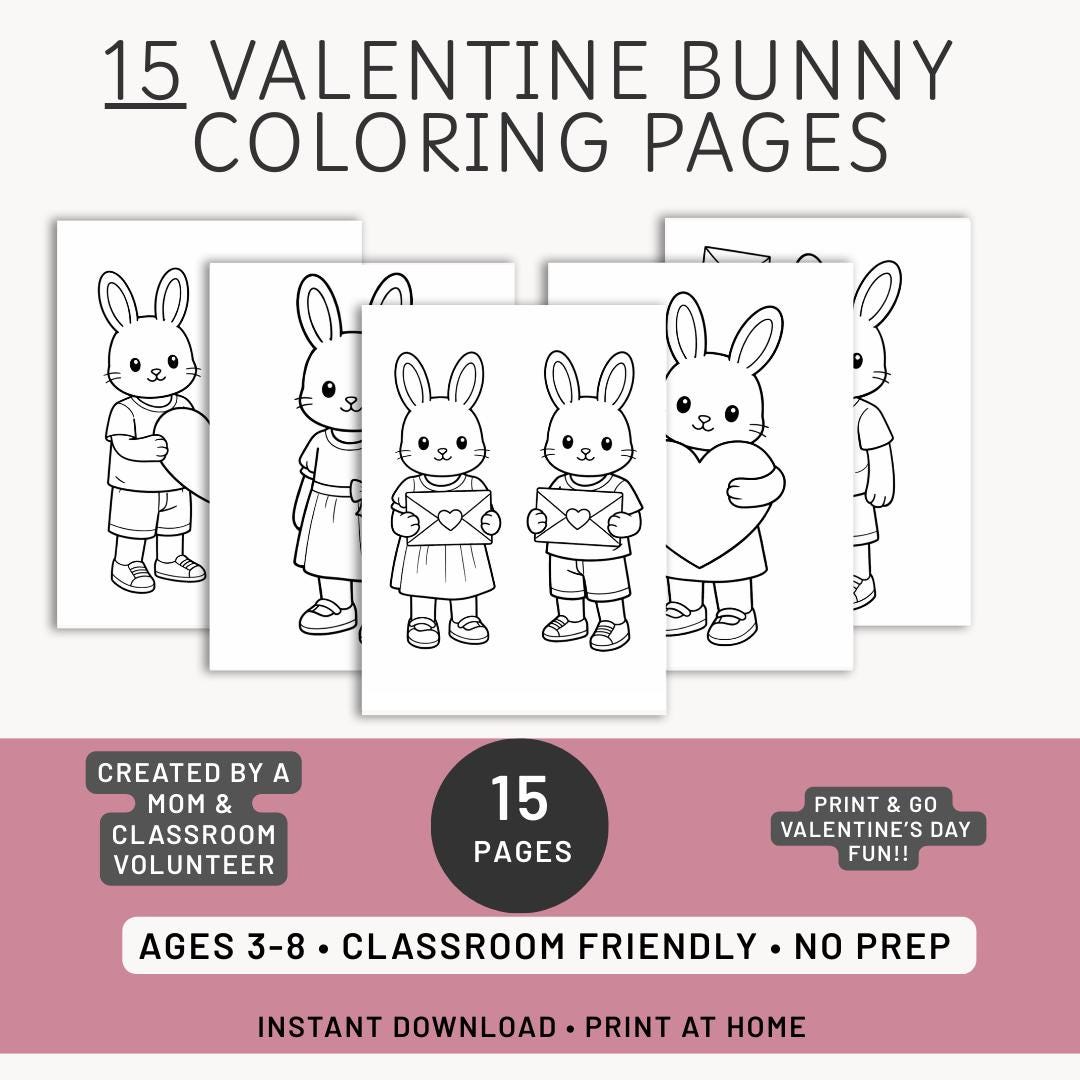 Valentine Bunny Coloring Pages for Kids, Classroom Activity (digital ...