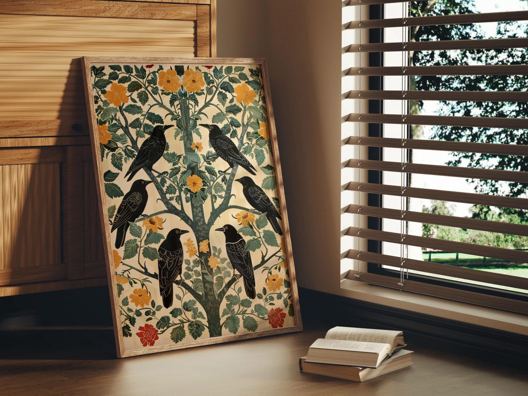 Crow Art, Crows in Floral Tree, Decorative Floral Pattern, Vintage ...