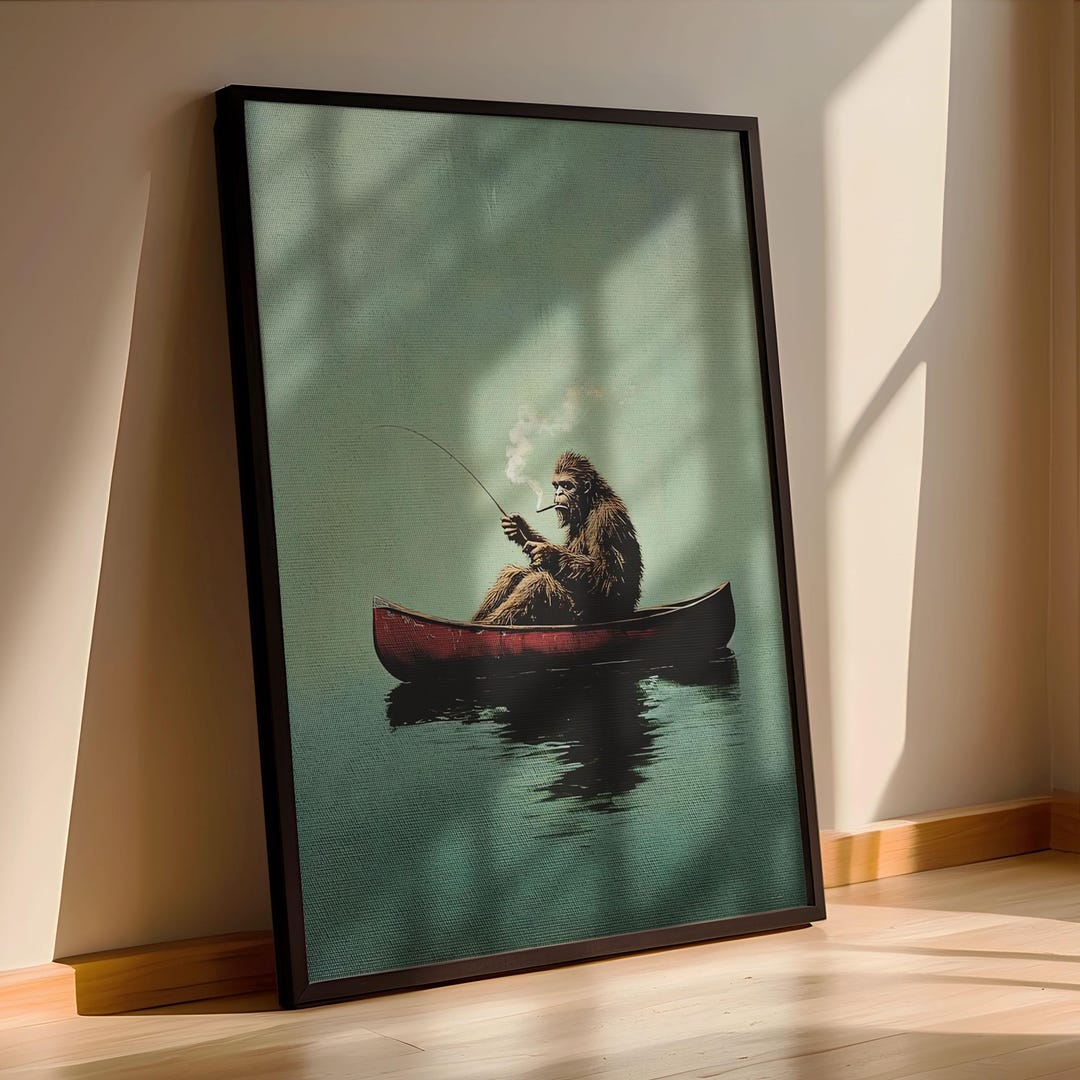 Bigfoot on a Red Canoe Fishing Retro Art Poster or Canvas Print ...