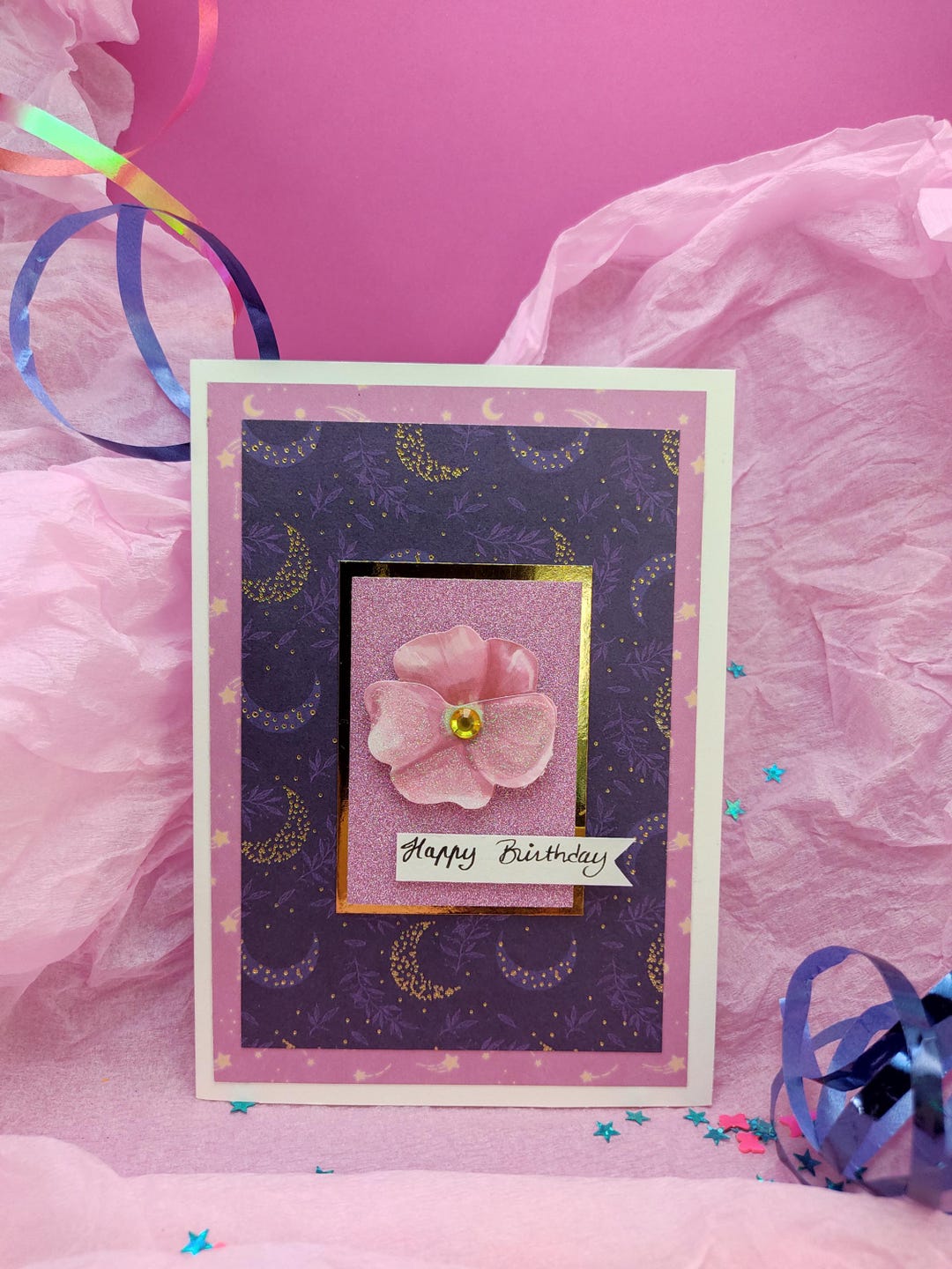Handmade Card - A6 Size - Pink and Gold Celestial Design - Chic ...