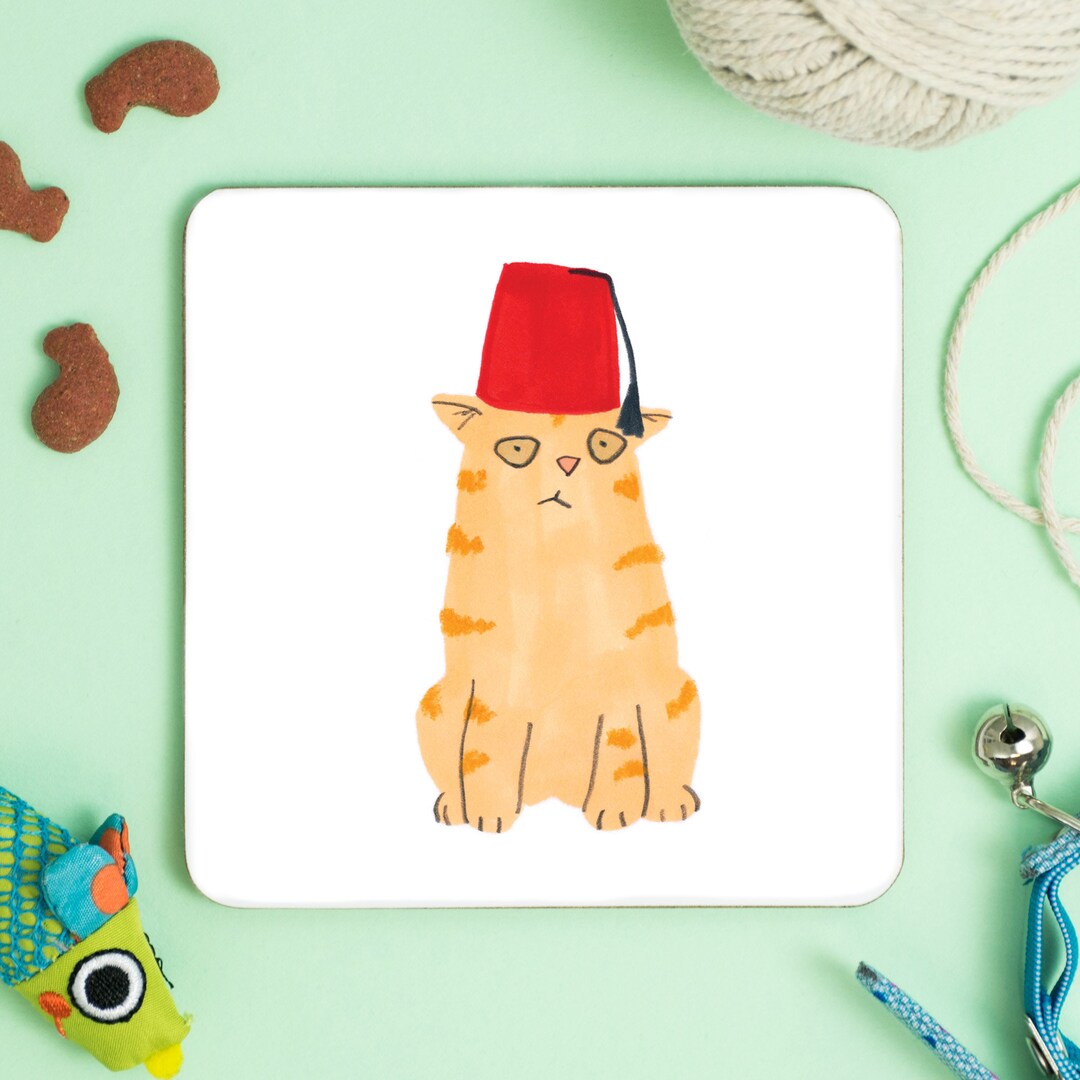 Ginger Cat Coaster: Funny Fez Hat Illustration, Cat Lover Gift - Etsy