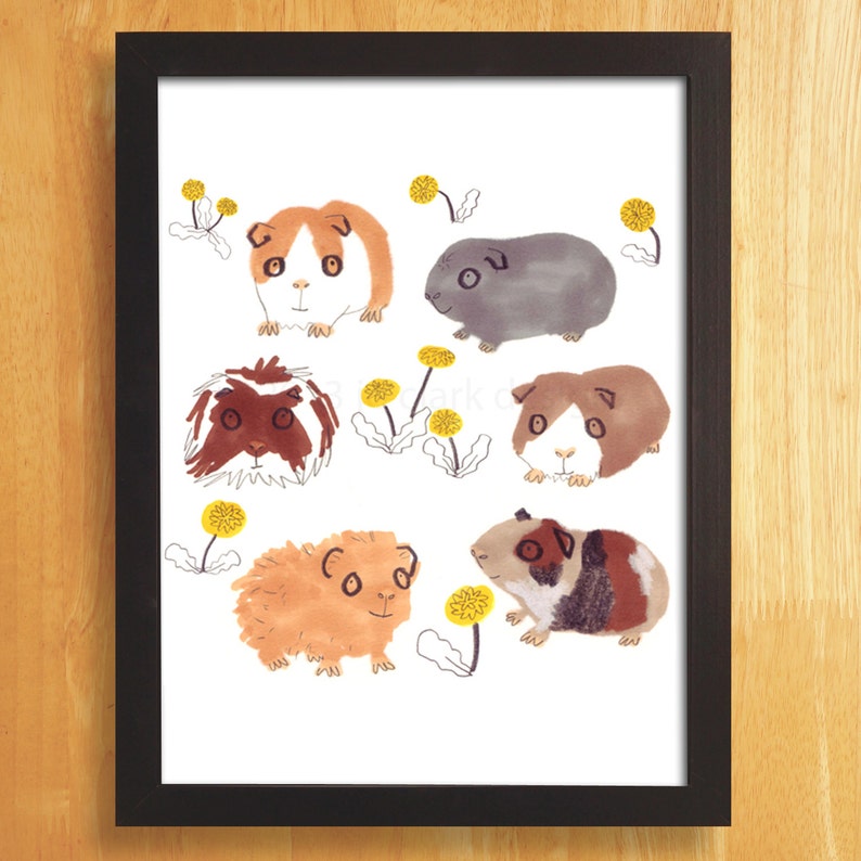 Guinea Pigs Print, Guinea Pigs Illustration, Guinea Pig Art, Dandelion ...