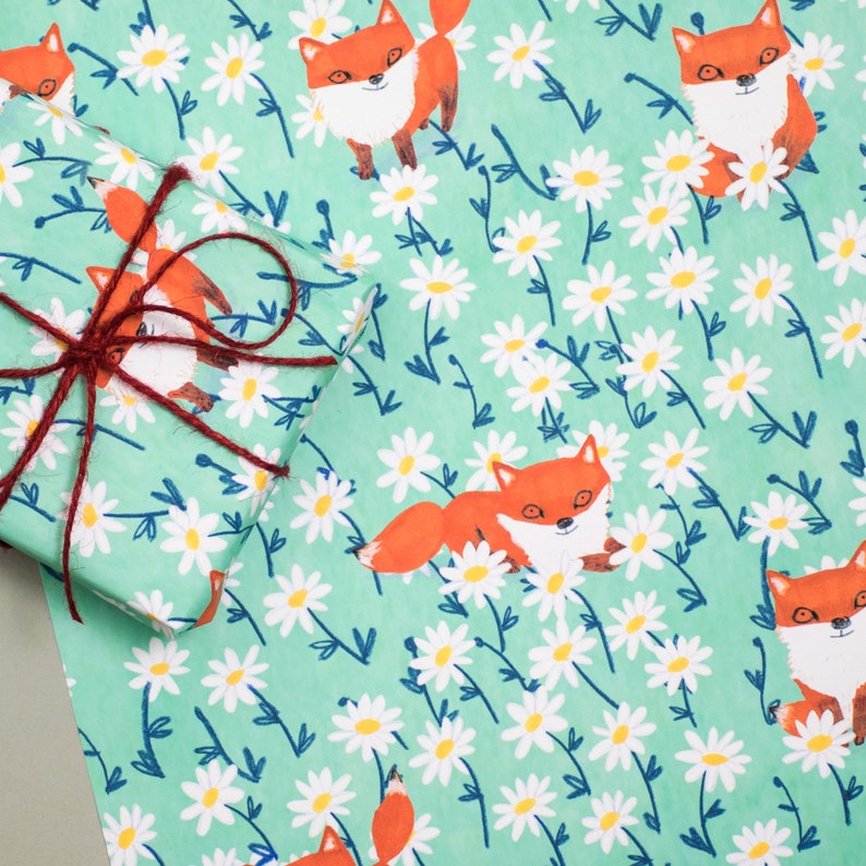 Fox Gift Wrap Foxes and Daisies Wrapping Paper Set of Two - Etsy