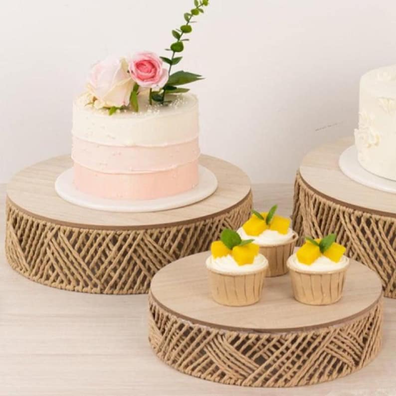 Rustic Wood Cake Stand Set – Jute Rattan Base, Farmhouse Dessert ...