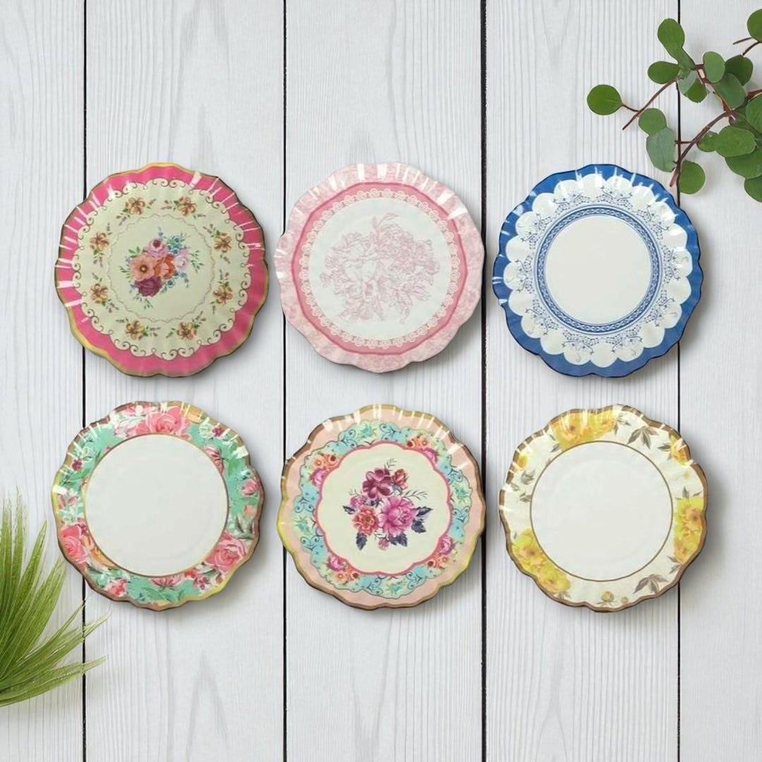 48ct Floral Plates Set With Scalloped Rim-6 Different Designs - Etsy
