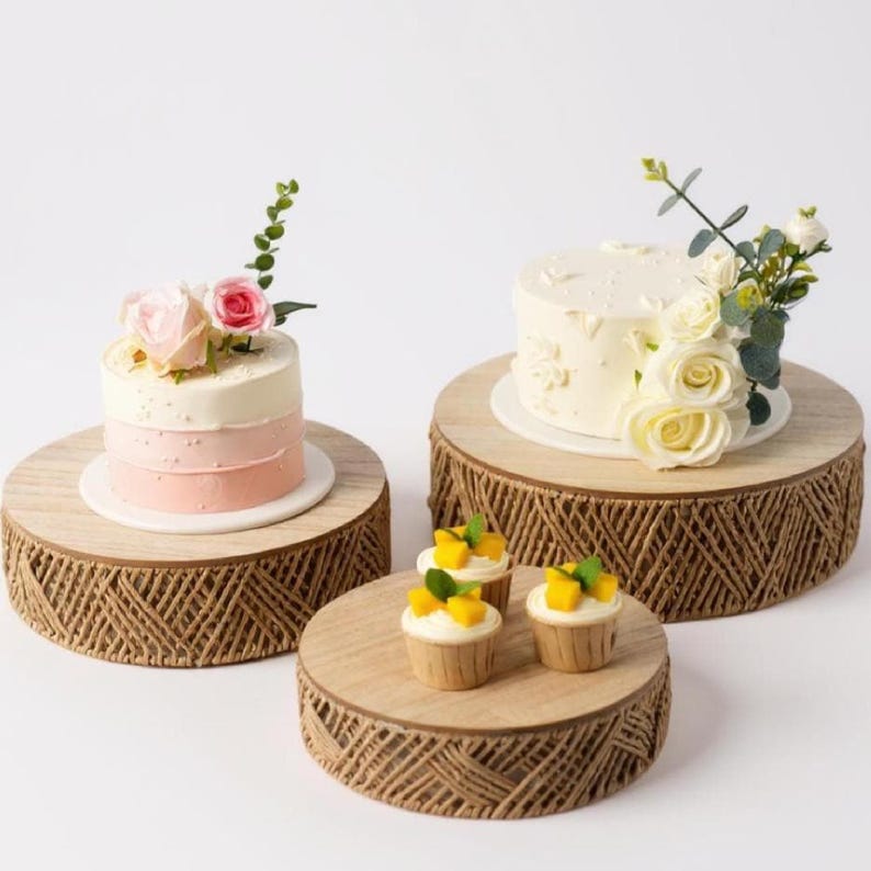 Rustic Wood Cake Stand Set – Jute Rattan Base, Farmhouse Dessert ...