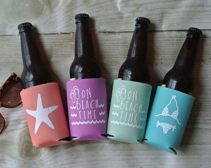 On Beach Time Beer Can Coolers, Summer Beach Vacation, Beach Trip ...