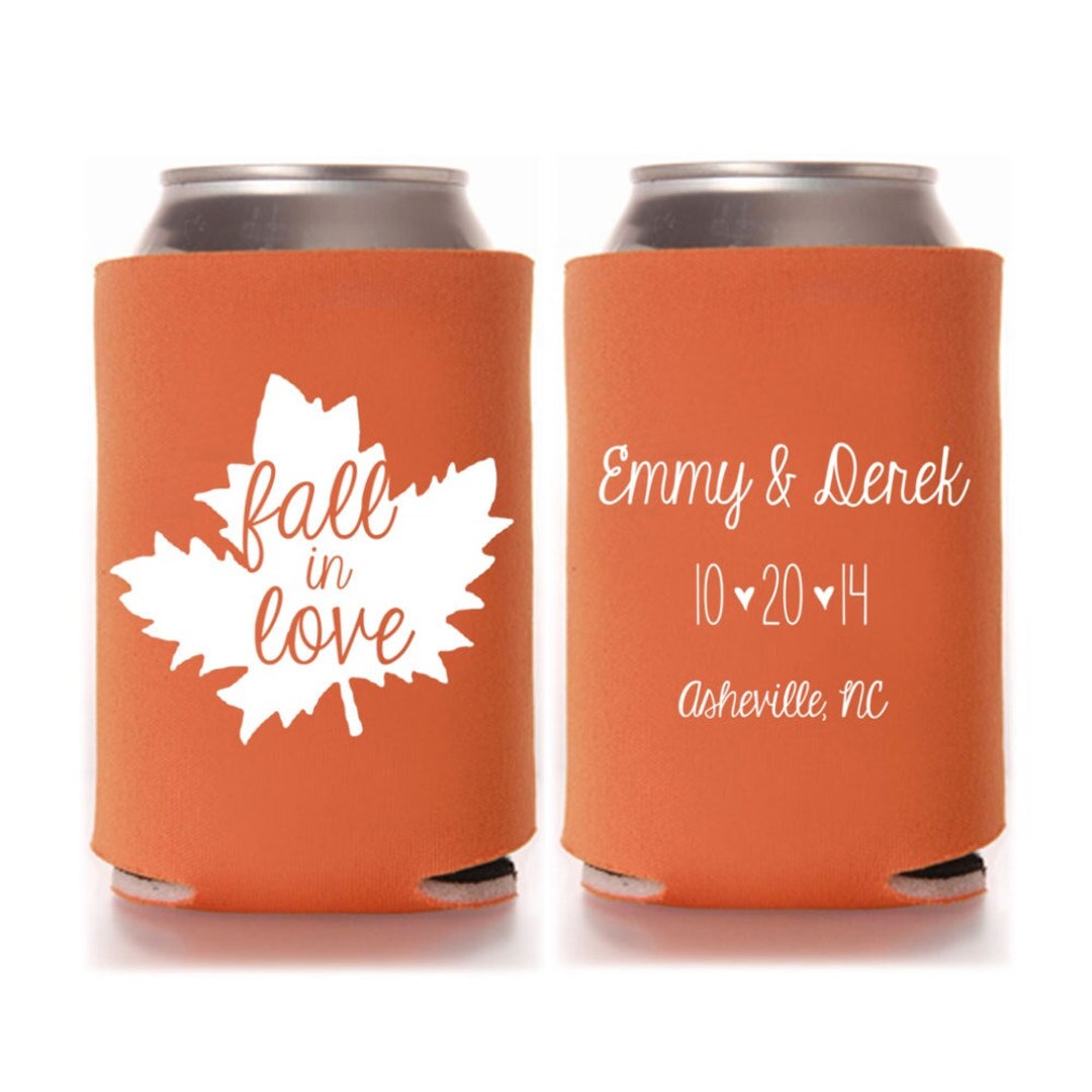Fall Wedding Favors | Fall in Love Custom Can Coolers | Fall Wedding ...