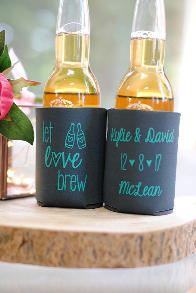 Personalized Let Love Brew Wedding Can Coolers | Custom Wedding Favors ...