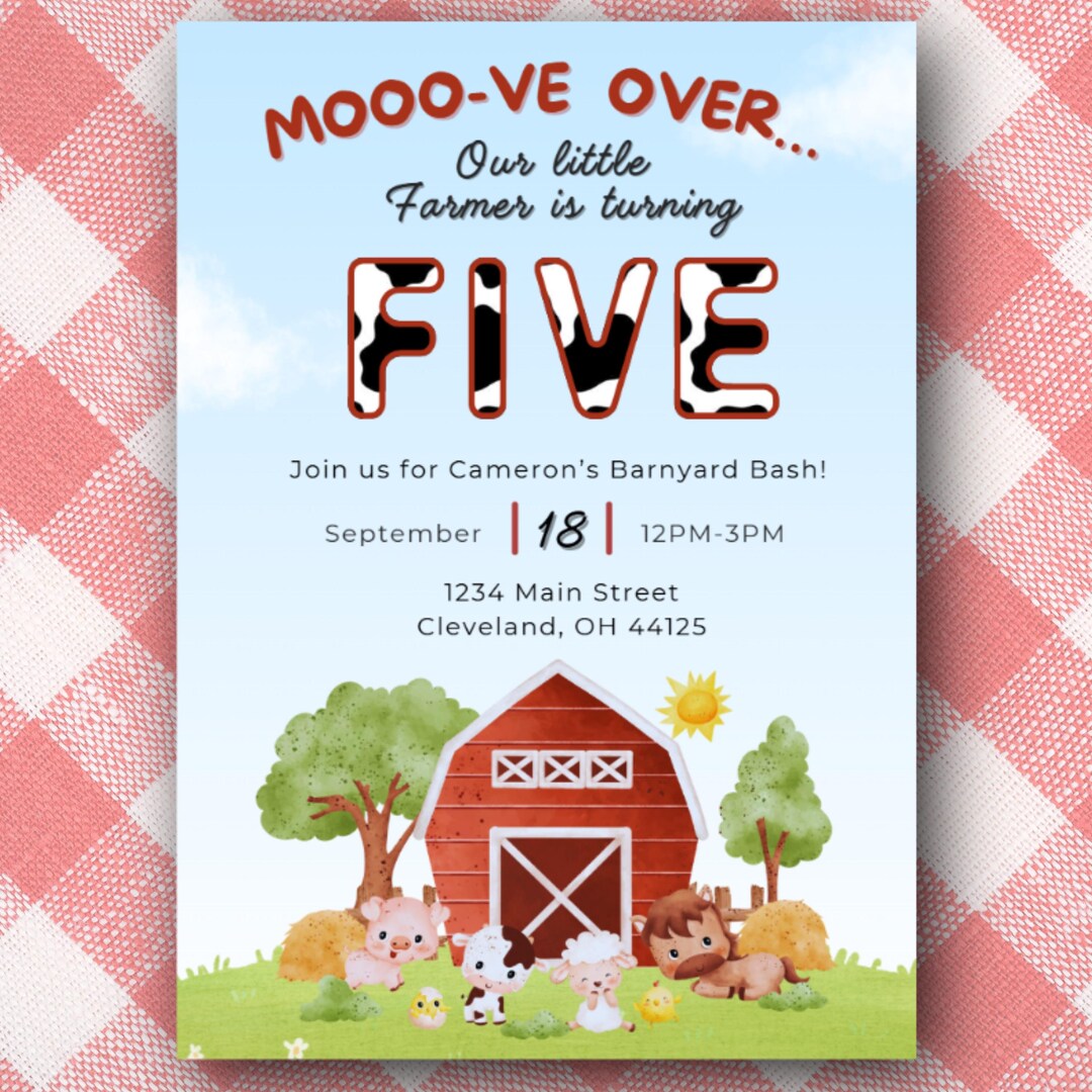 5th Birthday Farm Party Invitation, Farm Theme Customizable Invitation ...