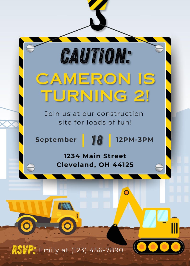 Construction Birthday Invitation Template, Customizable Construction ...