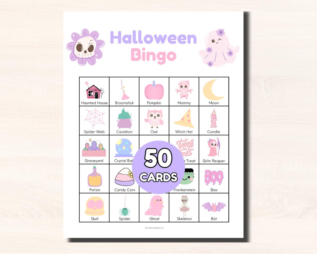 Halloween Bingo Game, 50 Printable Cards, Pinkoween, Kids Halloween ...