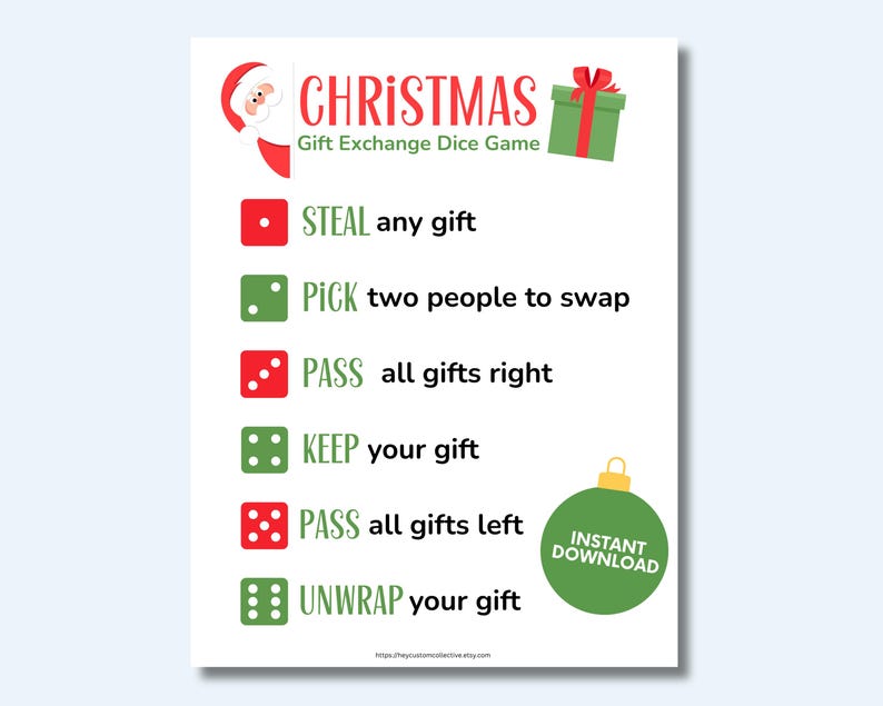 Christmas Gift Exchange Dice Game Printable: Office Party, Family ...