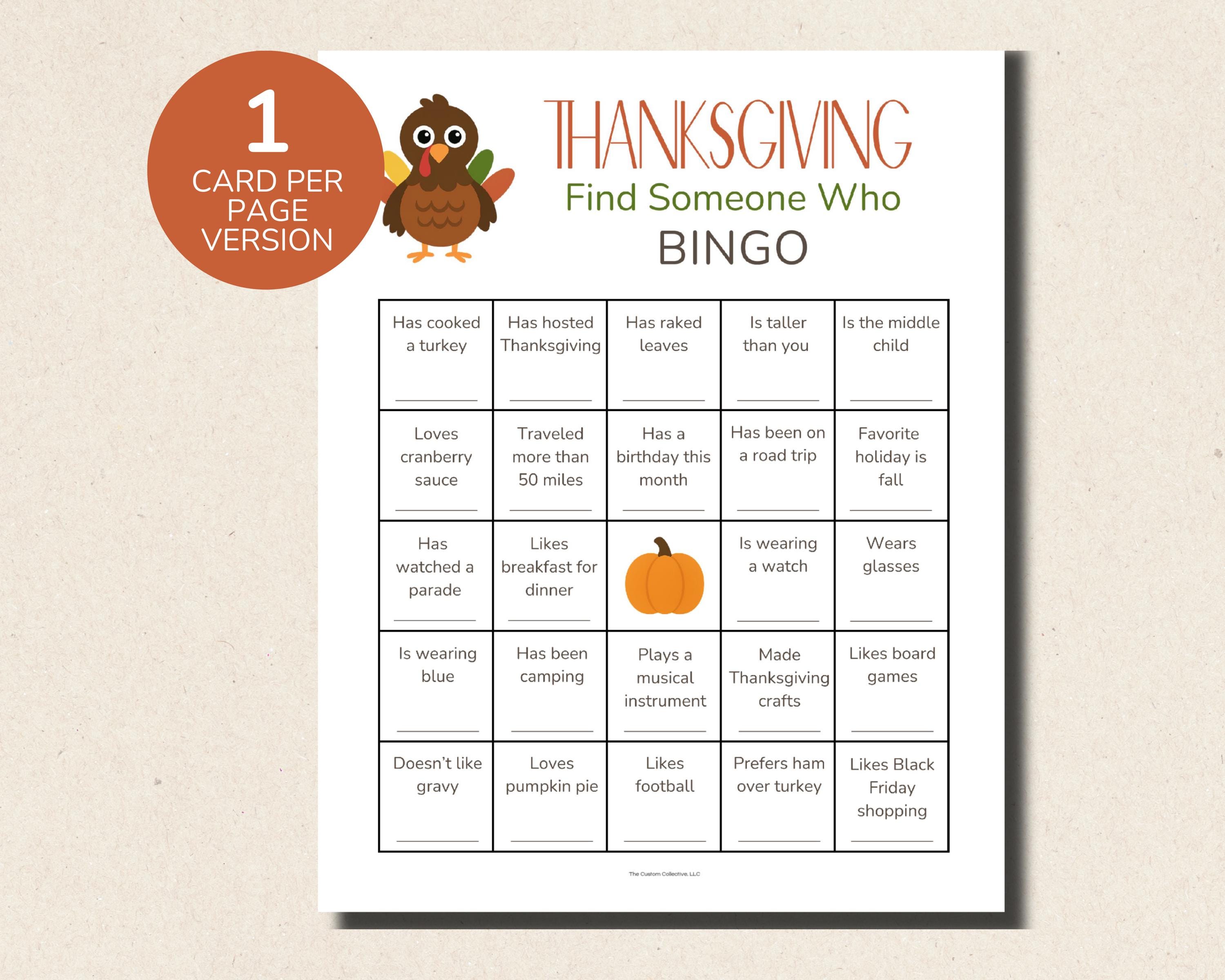 Thanksgiving Bingo Printable, Find Someone Who Game, 50 Unique Cards ...