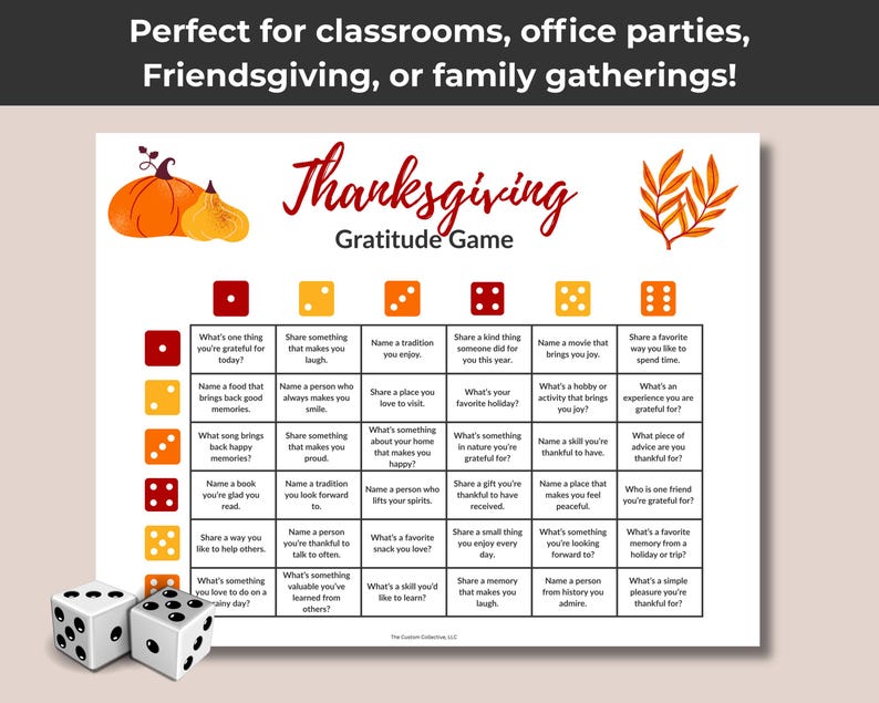 Thanksgiving Gratitude Dice Game: Printable Game for Friendsgiving ...
