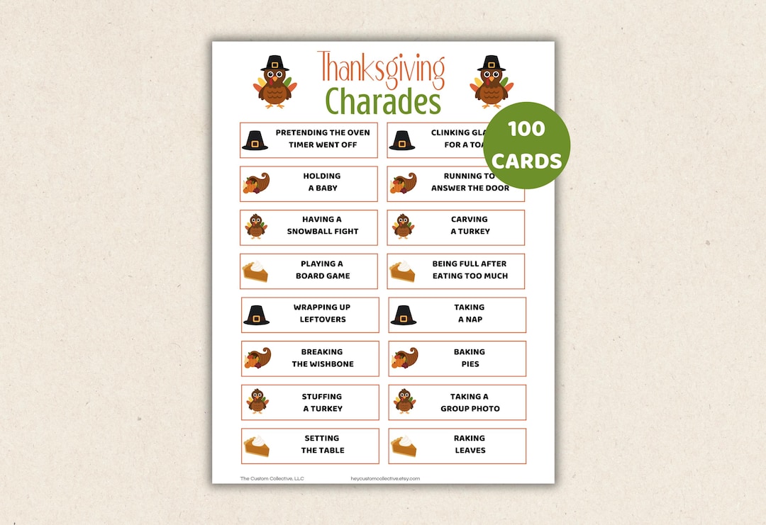 Thanksgiving Charades Game, 100 Printable Cards, Thanksgiving Party ...