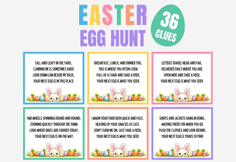 Easter Egg Hunt Game, 36 Printable Indoor and Outdoor Easter Egg Clues ...
