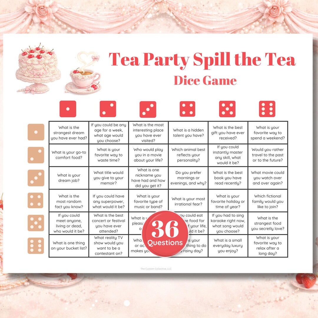 Spill the Tea Dice Game, Printable Ladies Tea Party Dice Game, Bridal ...
