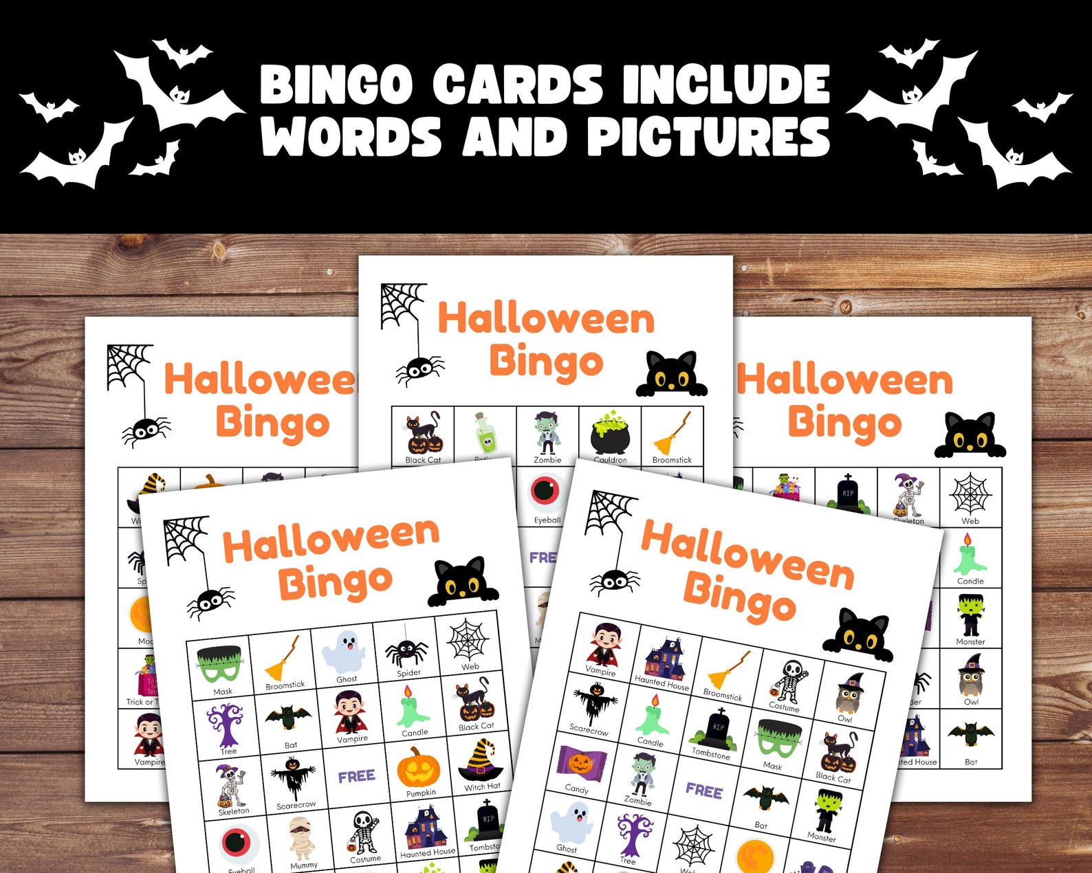 Halloween Bingo Game: 50 Printable Cards, Kids Party Activity (PDF ...