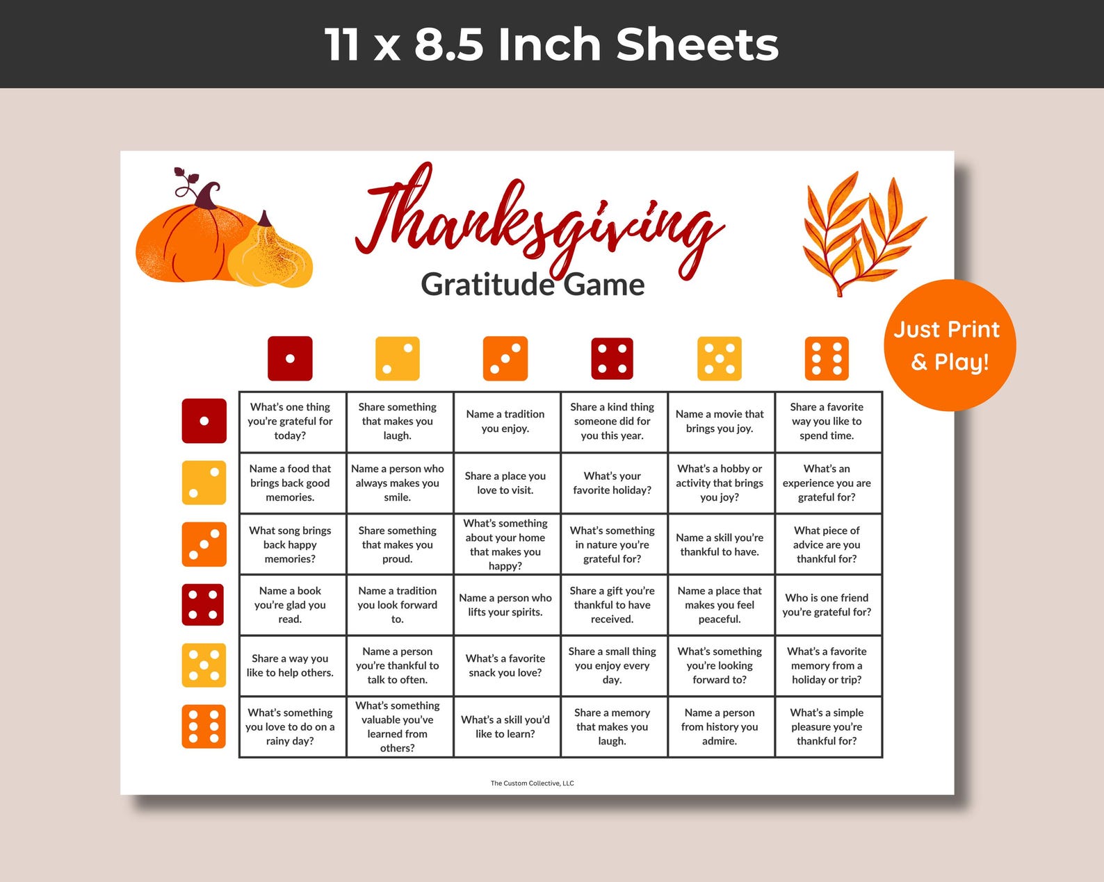 Thanksgiving Gratitude Dice Game: Printable Game for Friendsgiving ...