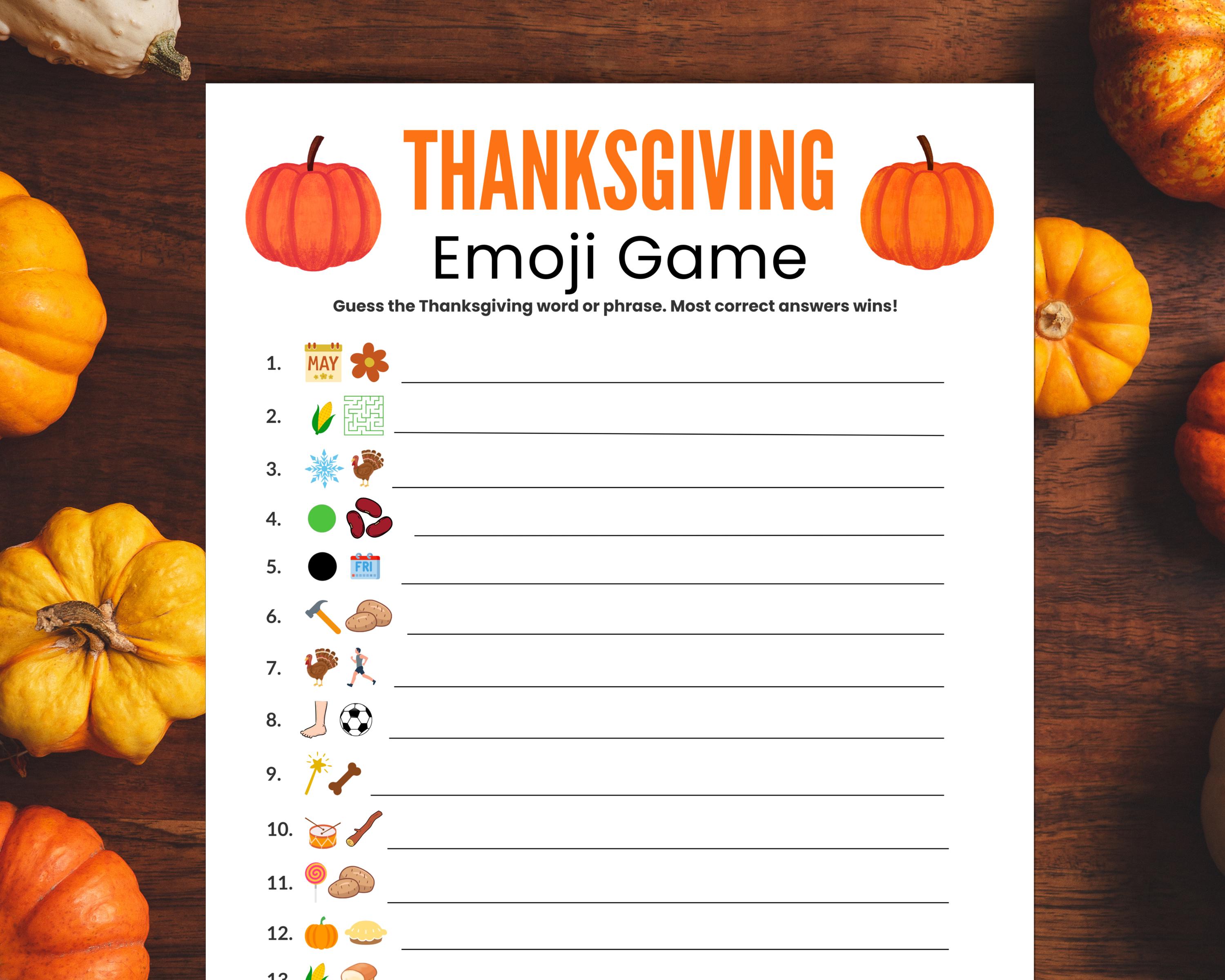 Thanksgiving Emoji Game: Printable Thanksgiving Game for Kids and ...