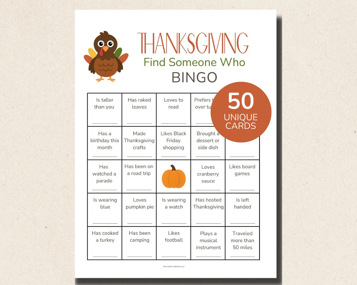Thanksgiving Bingo Printable, Find Someone Who Game, 50 Unique Cards ...