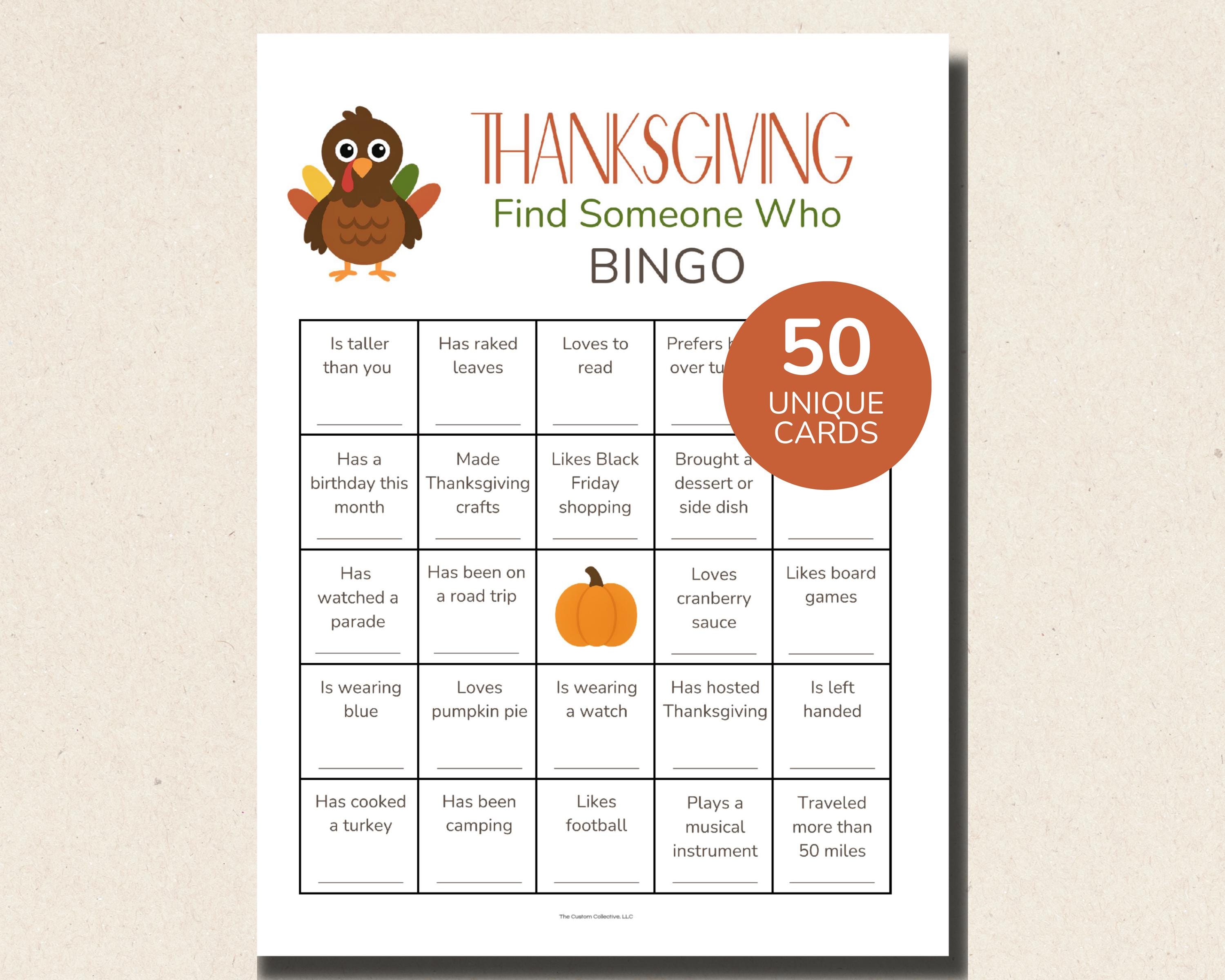Thanksgiving Bingo Printable, Find Someone Who Game, 50 Unique Cards ...