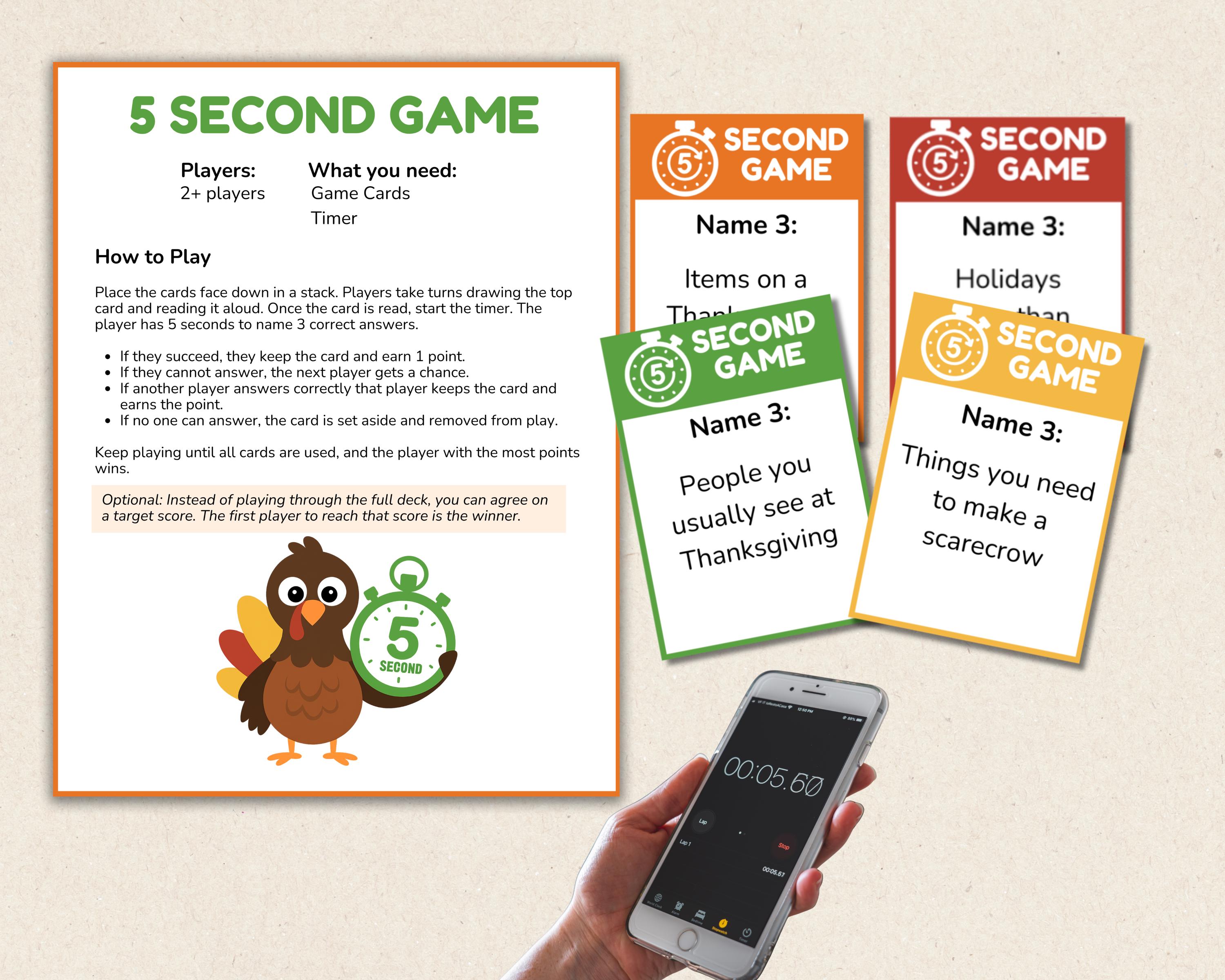 Thanksgiving 5 Second Game, Printable Thanksgiving Game, Fun Dinner ...