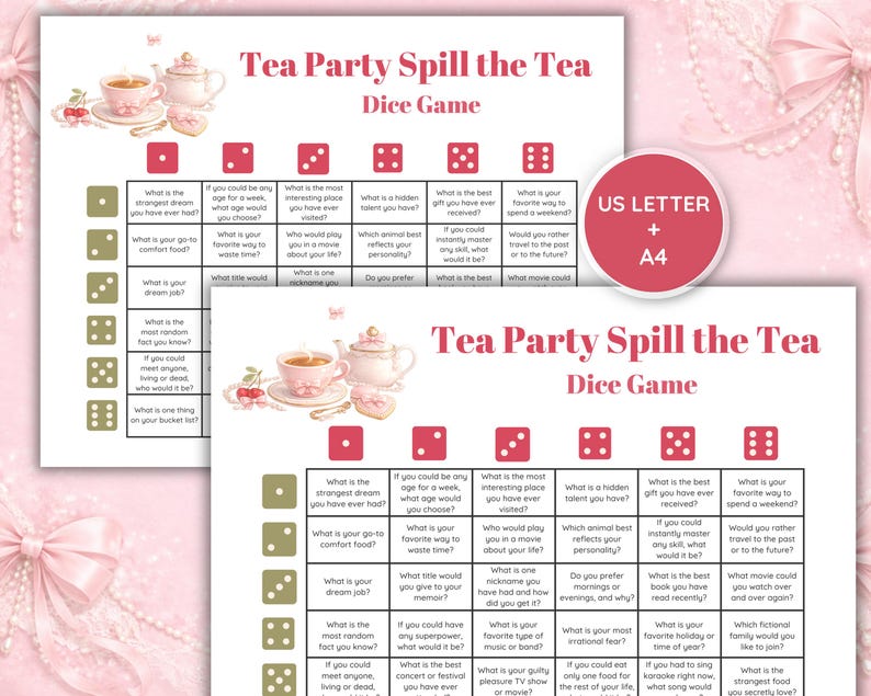 Spill the Tea Dice Game, Printable Ladies Tea Party Dice Game, Bridal ...