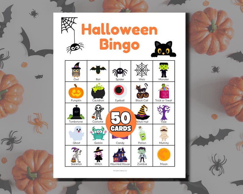 Halloween Bingo Game: 50 Printable Cards, Kids Party Activity (PDF ...