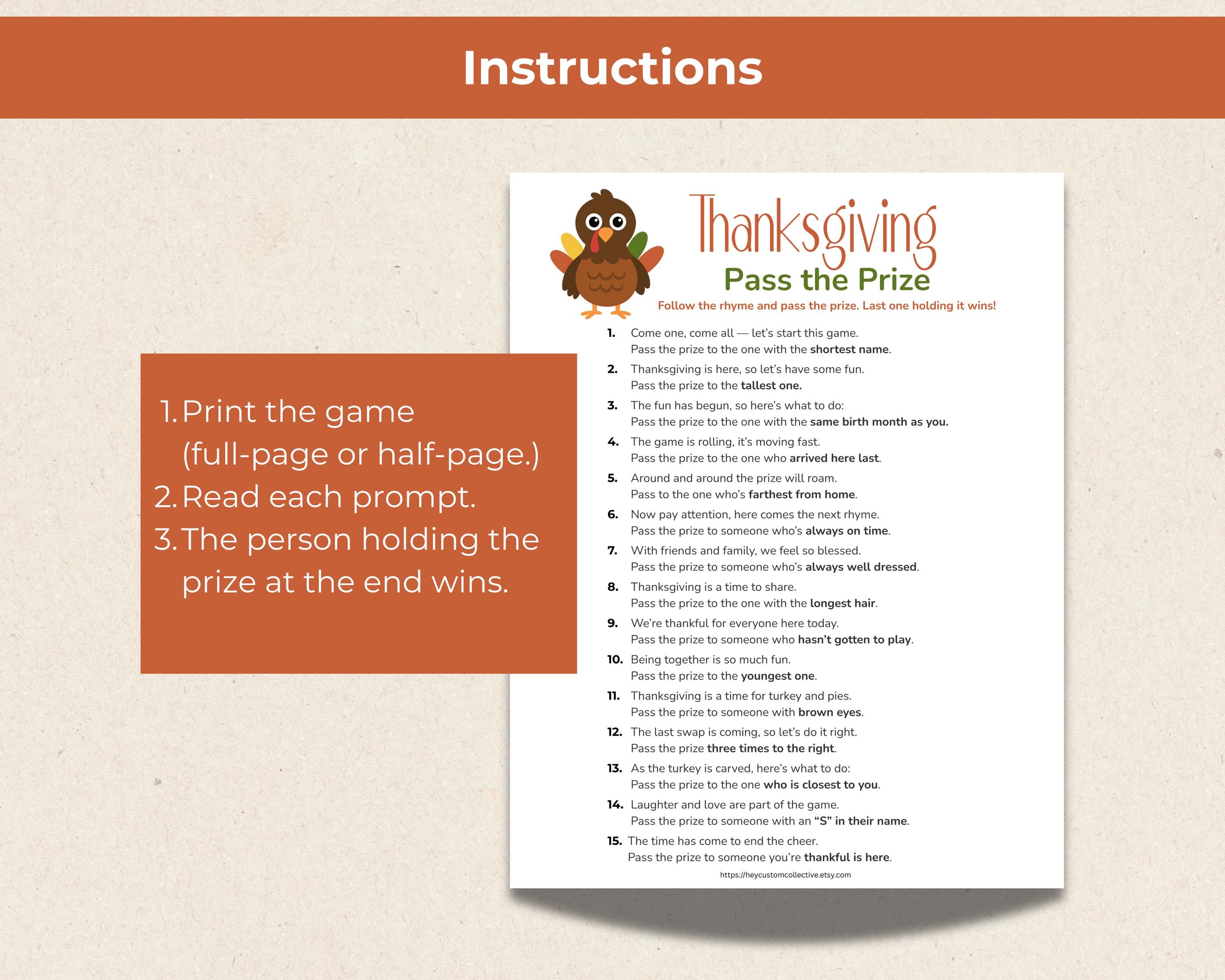 Thanksgiving Pass the Prize Game for Family Reunions, Friendsgiving and ...