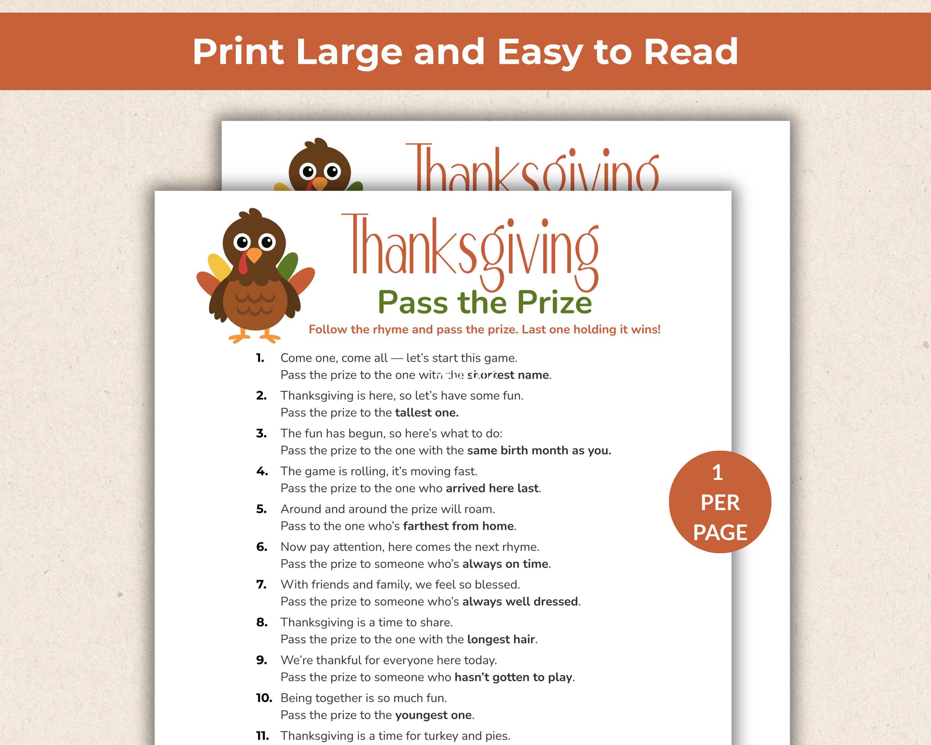 Thanksgiving Pass the Prize Game for Family Reunions, Friendsgiving and ...