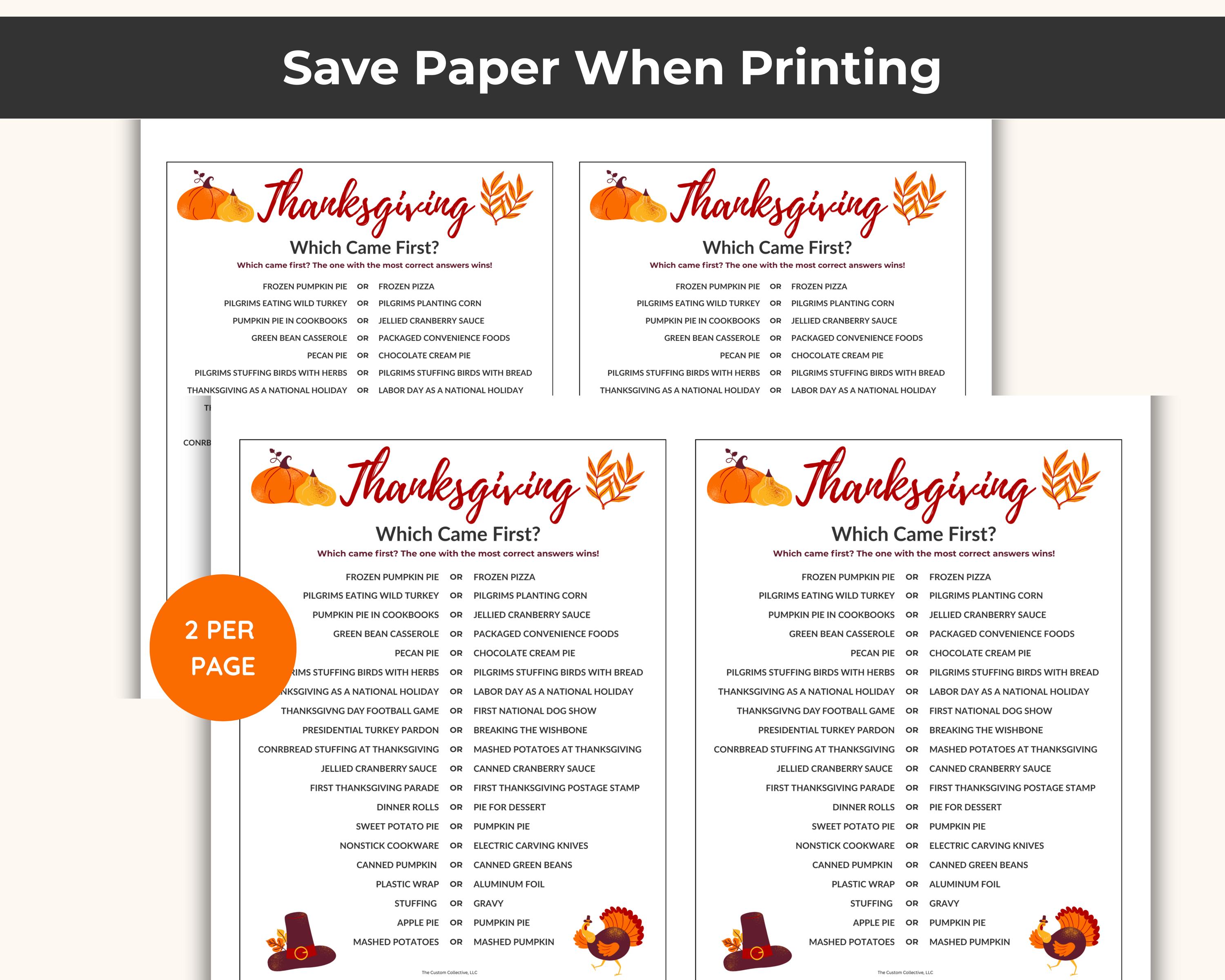 Which Came First Trivia Game, Printable Thanksgiving Party Game, Ice ...