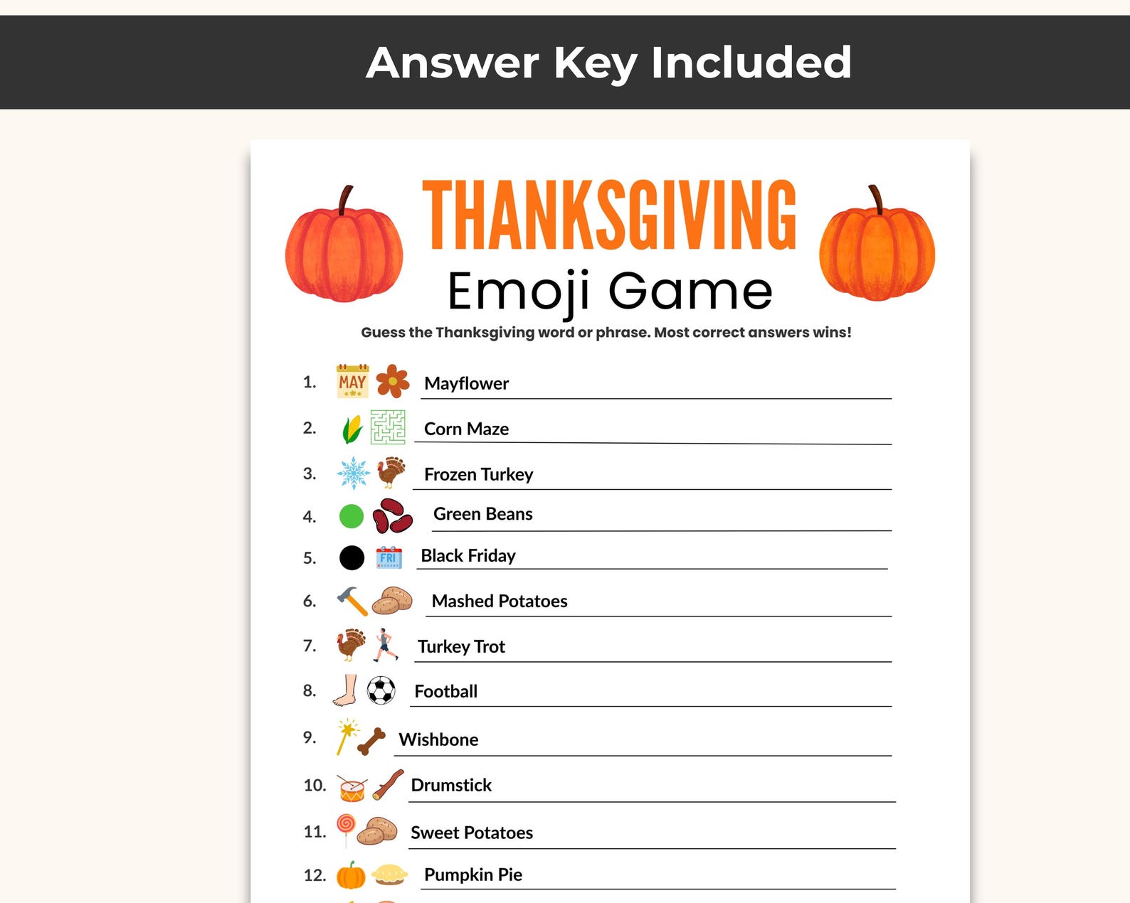 Thanksgiving Emoji Game: Printable Thanksgiving Game for Kids and ...