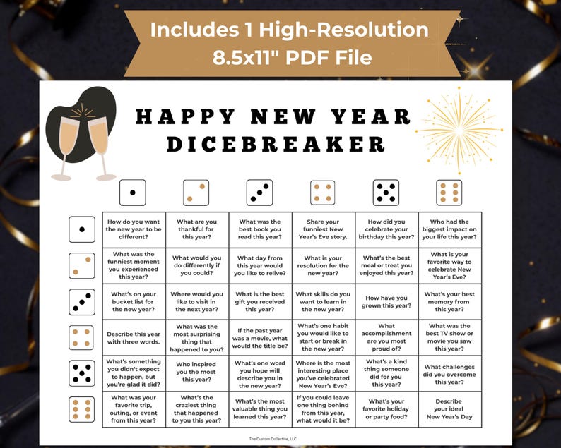 New Year's Eve Dicebreaker, Printable Dice Game, Get to Know You Ice ...