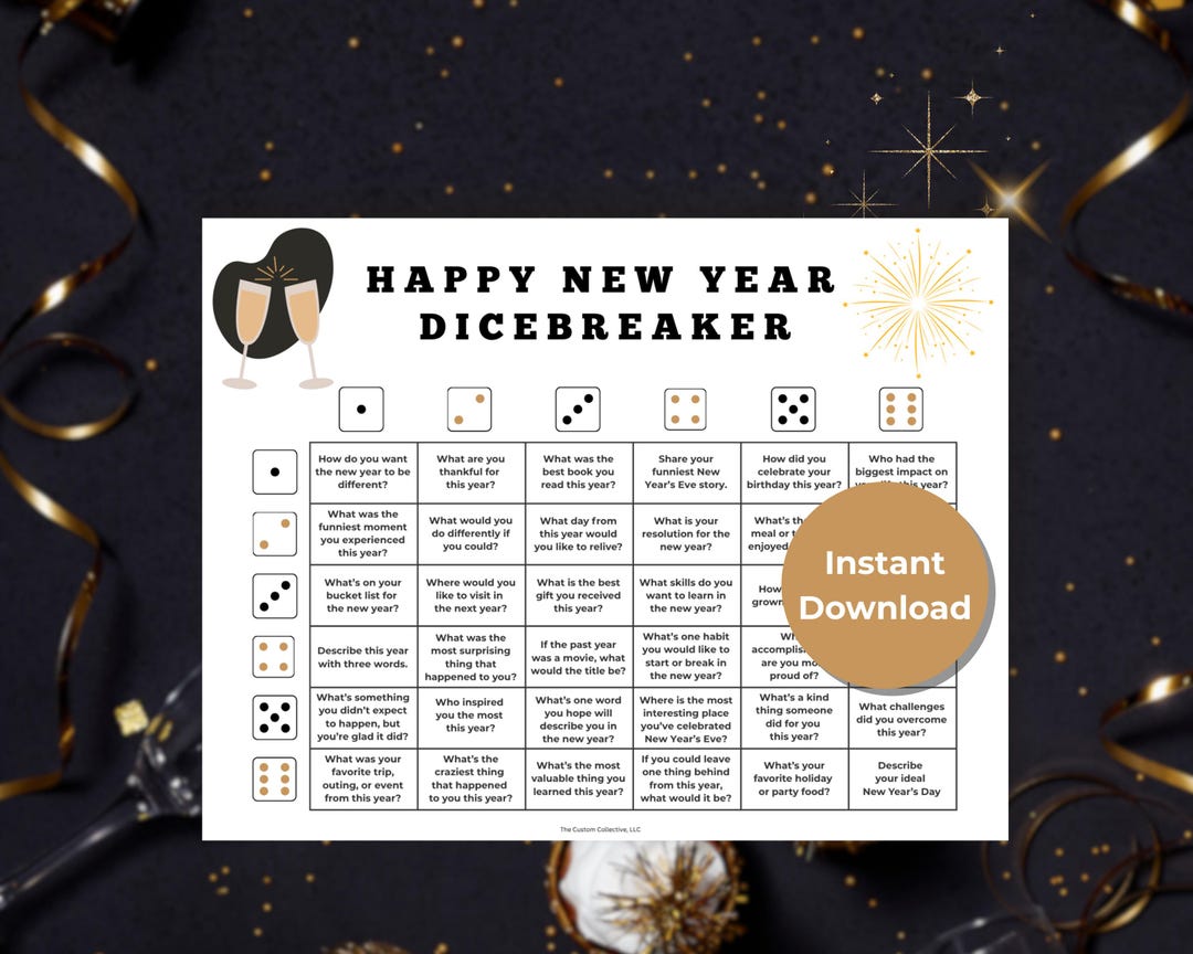 New Year's Eve Dicebreaker, Printable Dice Game, Get to Know You Ice ...
