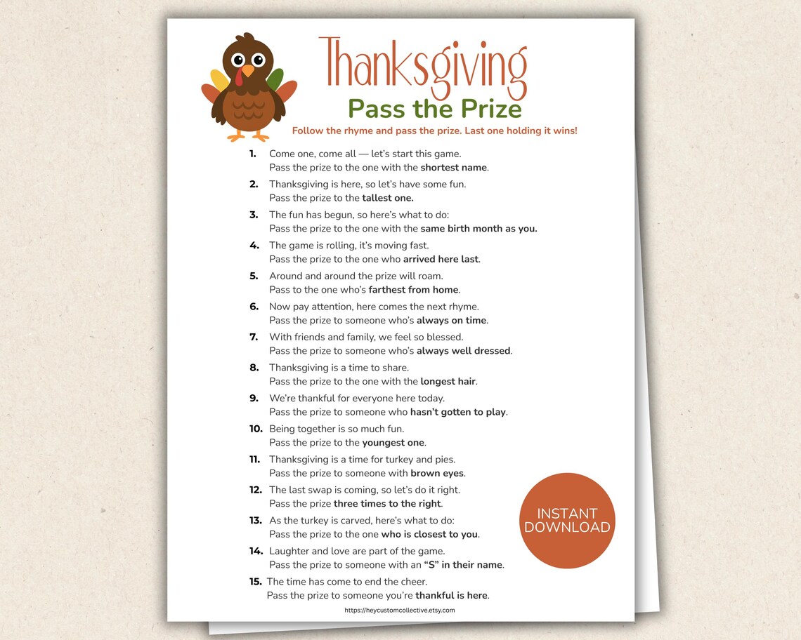 Thanksgiving Pass the Prize Game for Family Reunions, Friendsgiving and ...