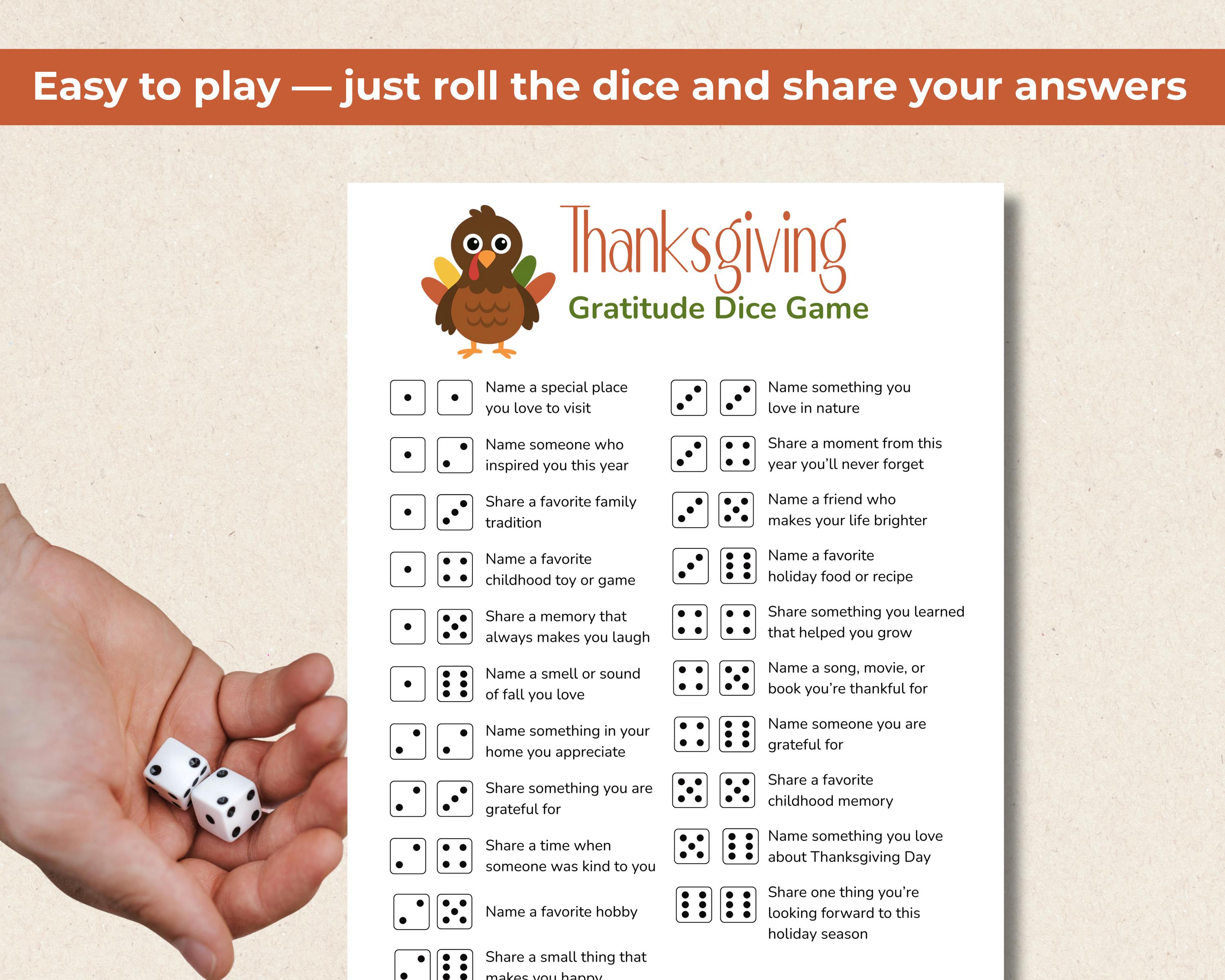 Thanksgiving Gratitude Dice Game Printable: Fun Holiday Activity for ...