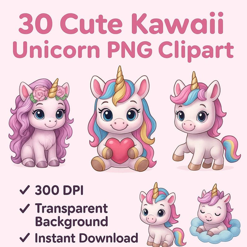Kawaii Unicorn Clipart Bundle – 30 Pastel Rainbow PNG Images (digital ...