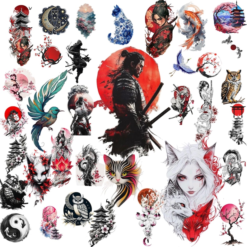 Japanese Art Stickers – Samurai, Geisha, Kitsune PNG Bundle (digital ...